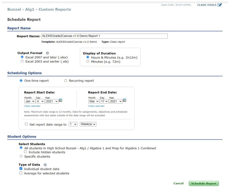 ALEKS Data Report | BunzApps Knowledge Base